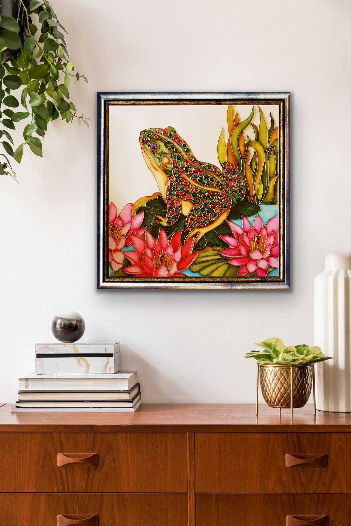 Frog Art Stained Glass Painting With Crystals Cute Frog | Etsy