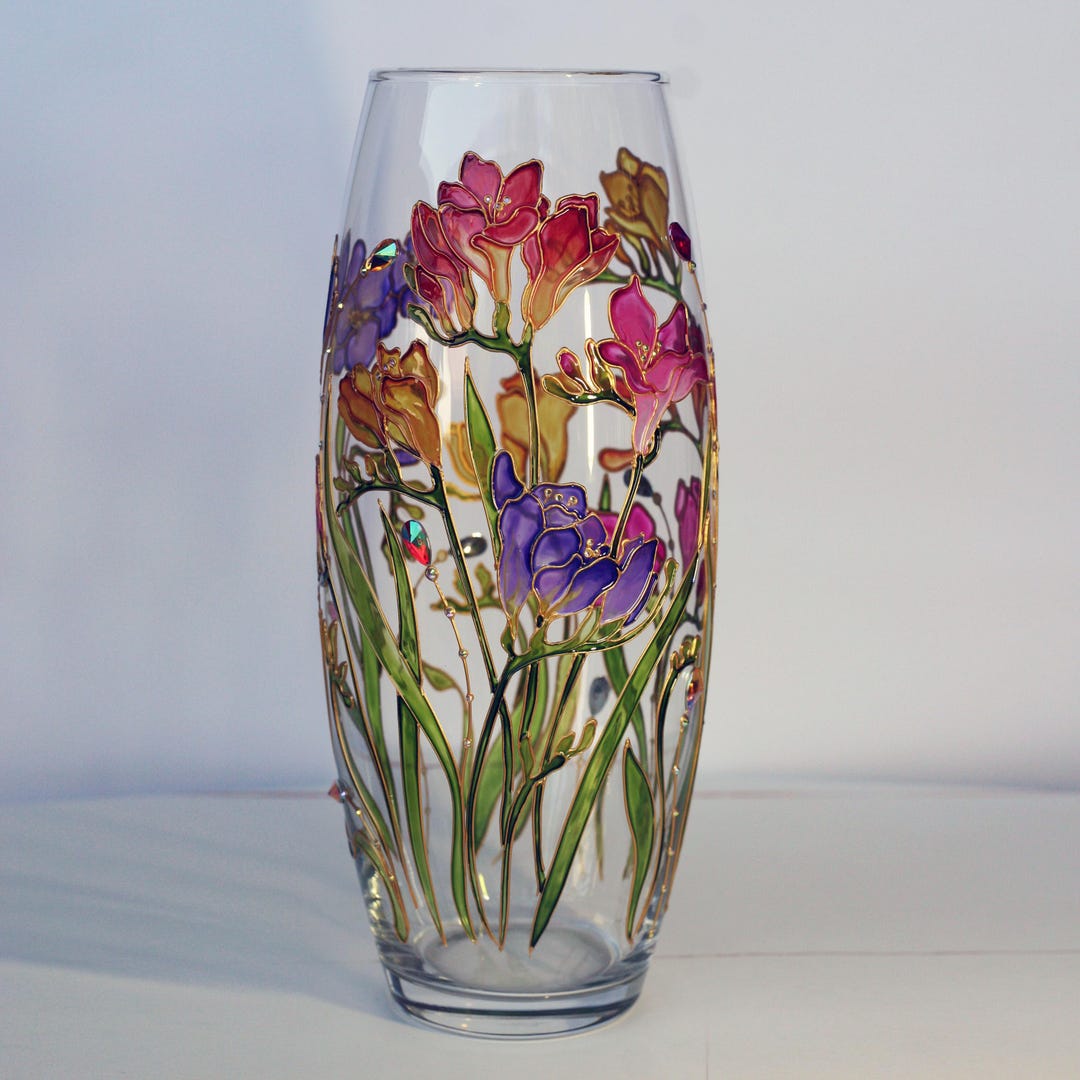 Hand Painted Personalized Vase With Freesia Flower Custom Stained Glass ...
