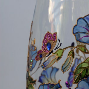 Vase With Morning Glory Flowers Stained Glass Hand Painted Vase Blue Wildflowers Handpainted ...
