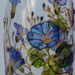 Vase With Morning Glory Flowers Stained Glass Hand Painted Vase Blue Wildflowers Handpainted ...