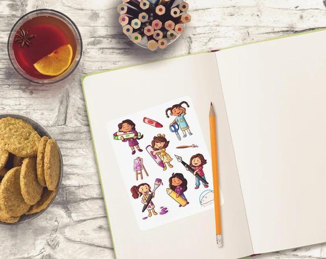 Adorable Girls With Oversized School Supplies Stickers - Perfect for ...