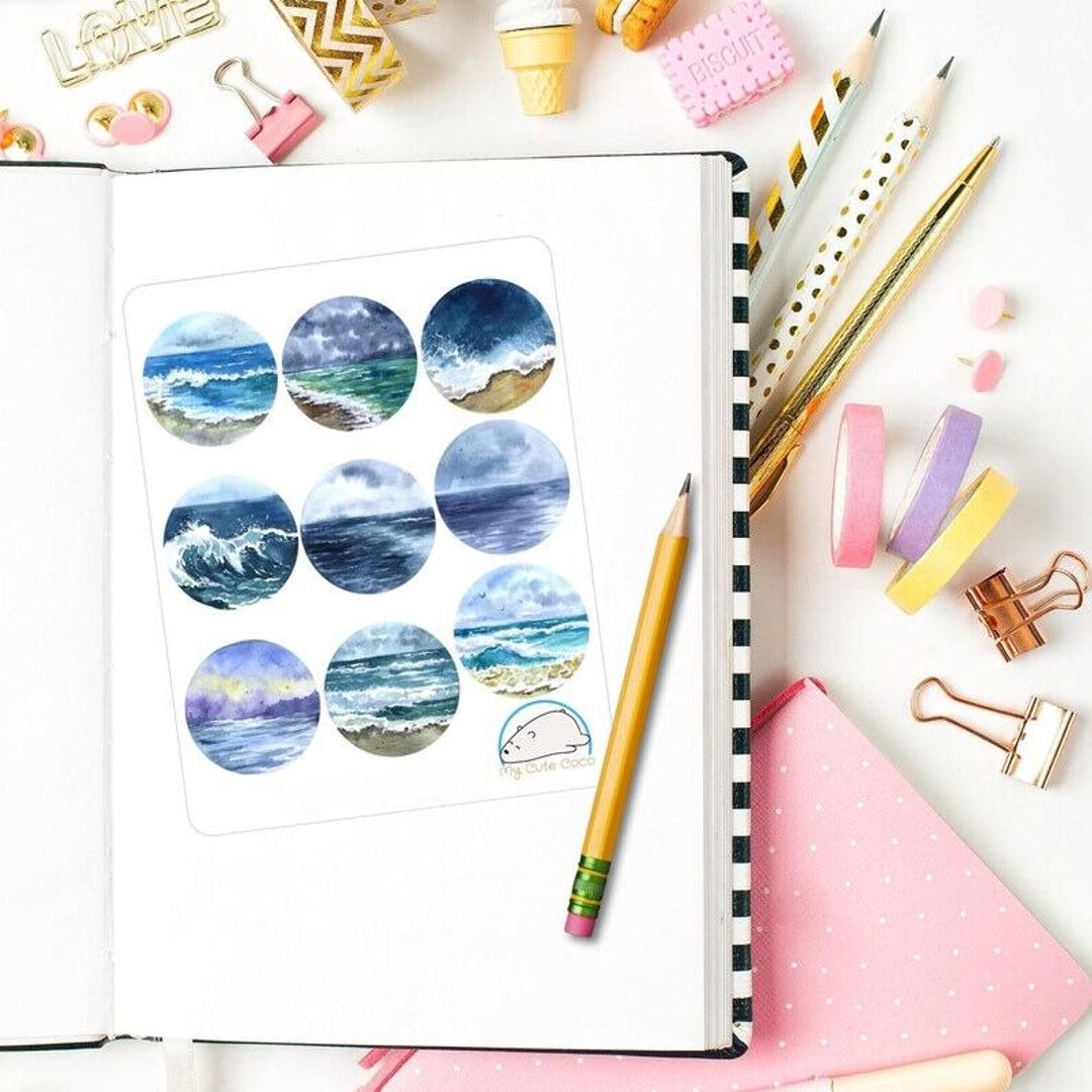 Watercolor Sea & Beach Stickers for Planners, Journals, Scrapbooking ...