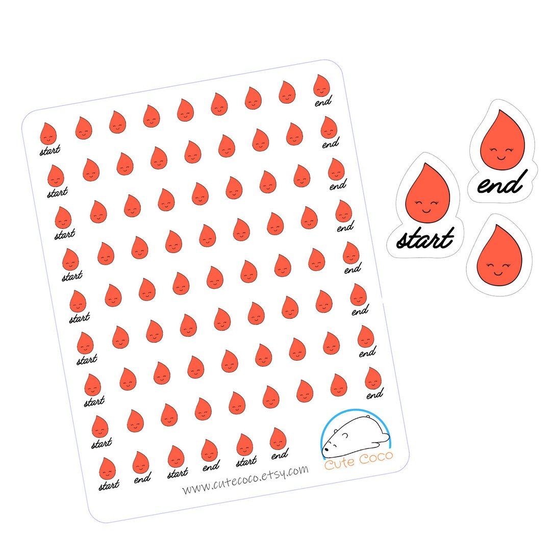 Cute Hand-drawn Period Tracker Stickers, Start and End of Period Icons ...