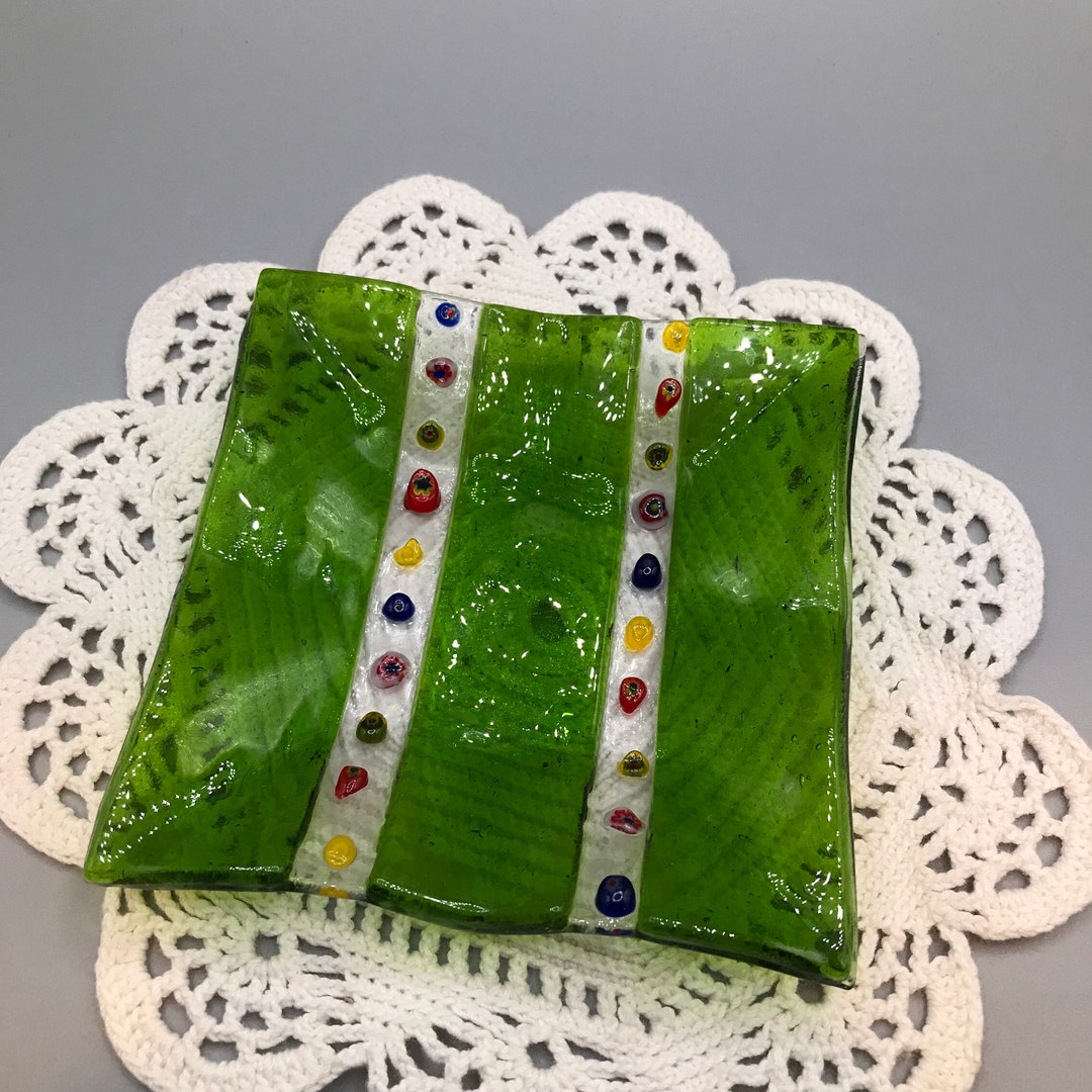 Green Fused Art Glass Trinket Dish 4.5” Square Mini Plate/ Bowl - Etsy