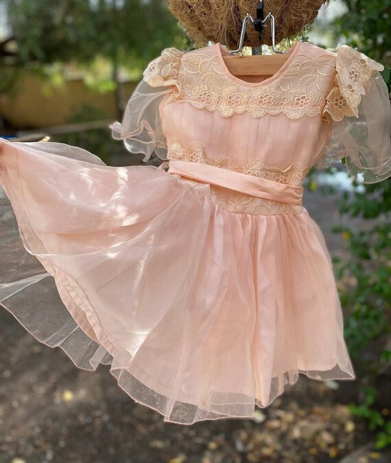 Vtg Peach Tea Party Dress, Child 6T-8 - Gem