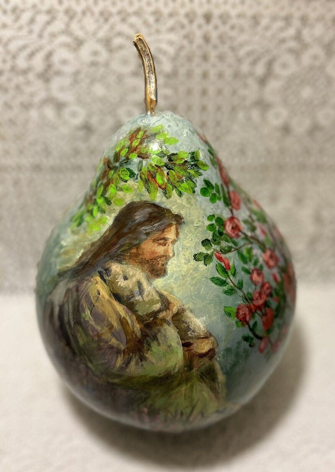 Hand Painted Religious Art Blessed Mother & Jesus W/lamb on Dried Gourd ...