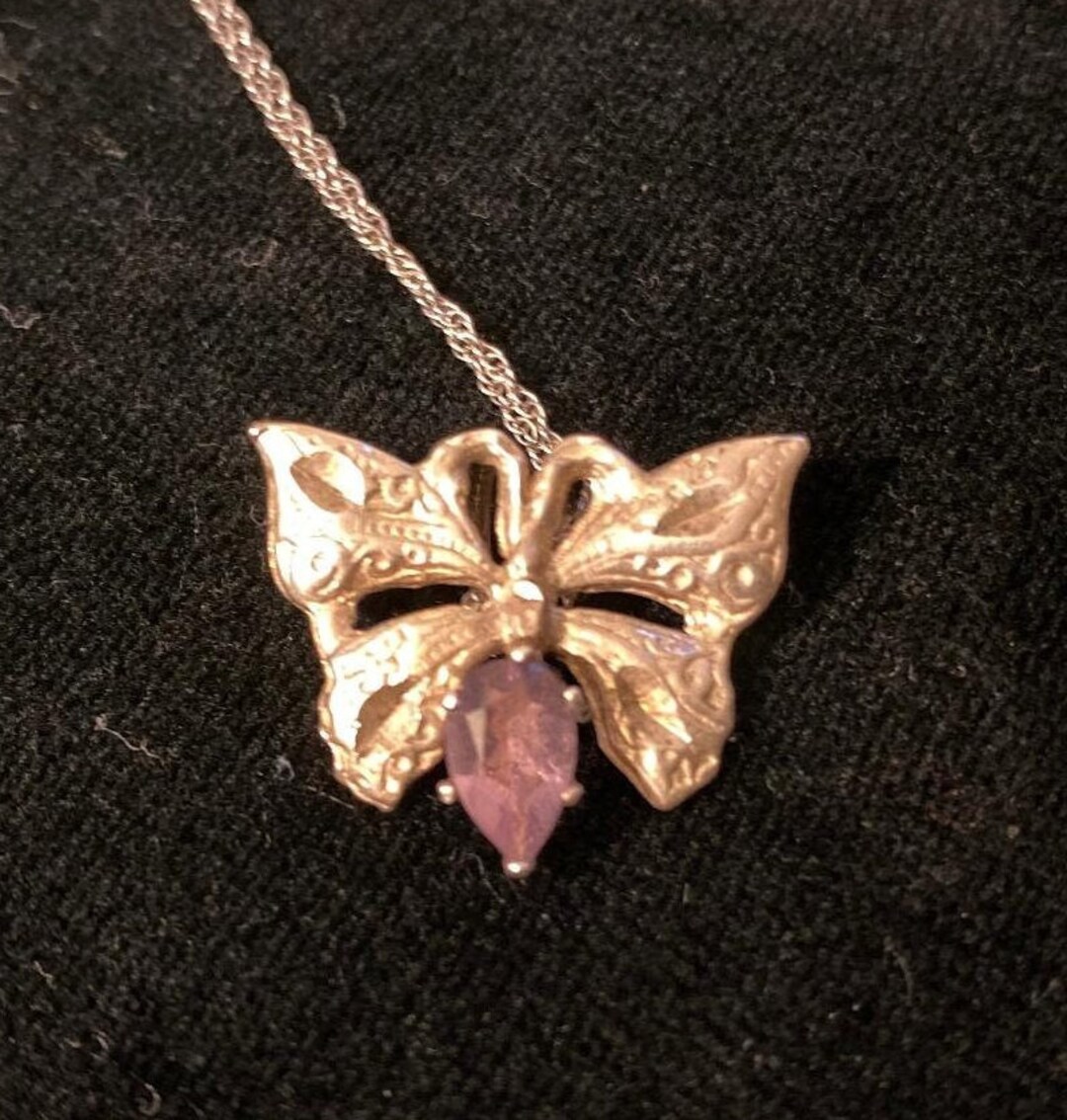 Vtg 9.25 Butterfly Pendant & Chain With Amethyst Purple Stone - Etsy