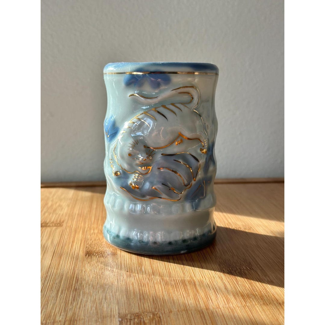 Vintage Mid Century Nishikawa Light Blue Ceramic Vase With Gold Tiger ...