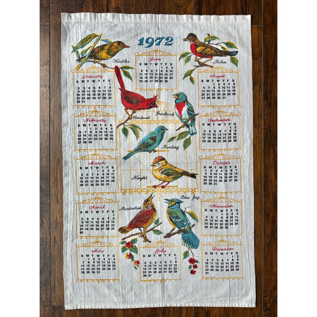 Vintage 1972 Calendar Tea Towel With Birds / Bird Lovers Decor ...