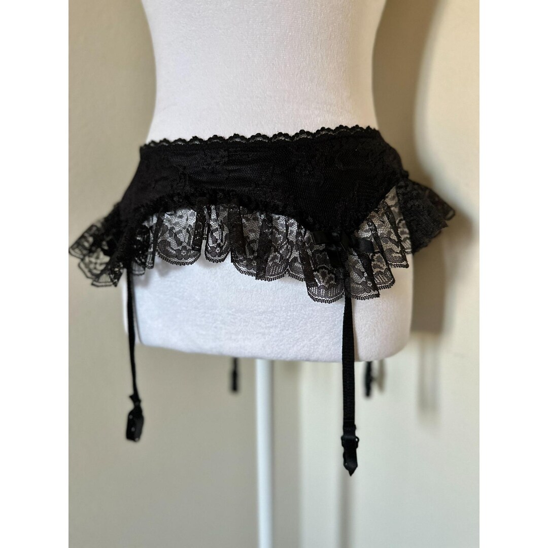 Vintage Late Century Black Lace Ruffle Garter Belt With Bow Details ...