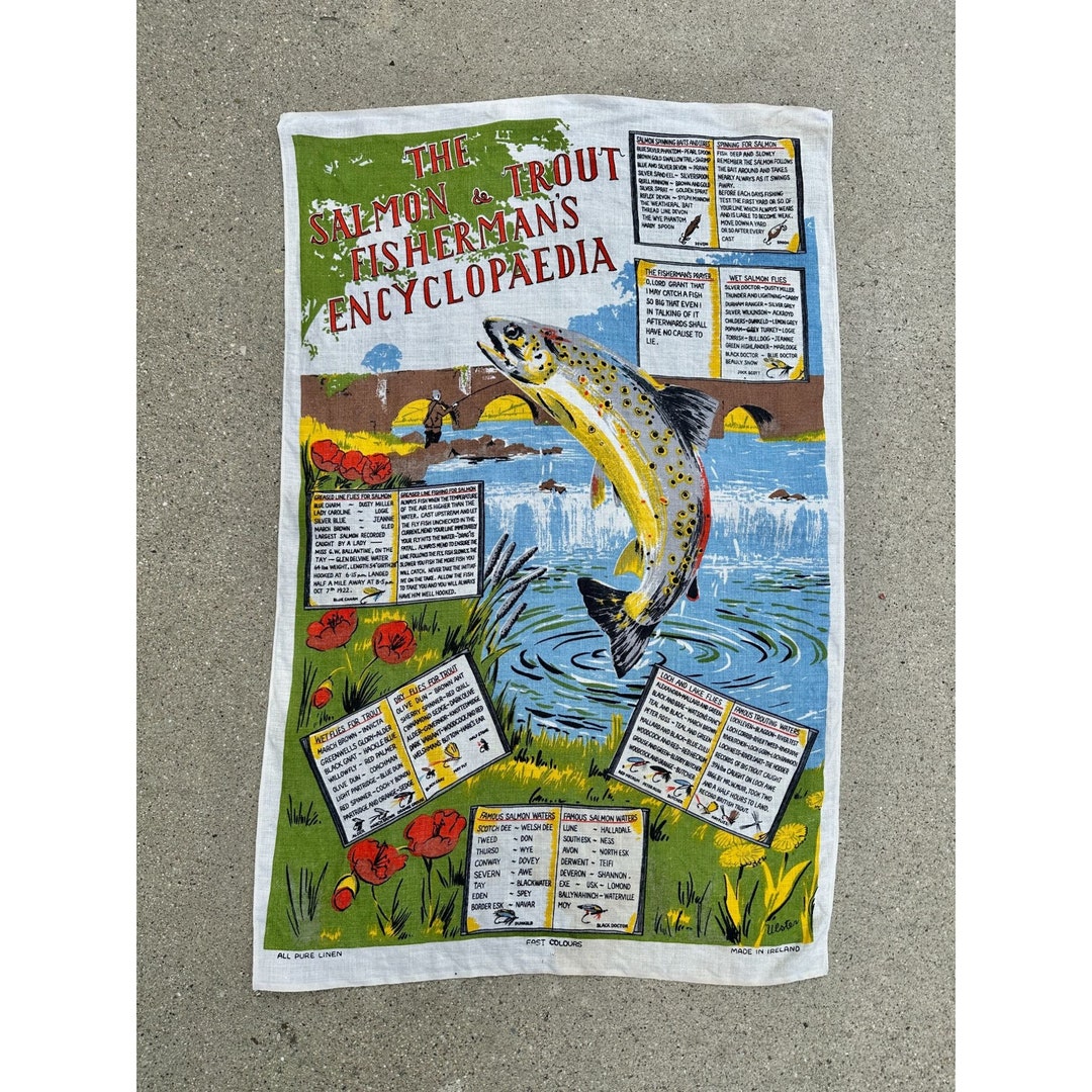 Vintage Mid Century Linen Wall Hanging the Salmon & Trout Fisherman's ...