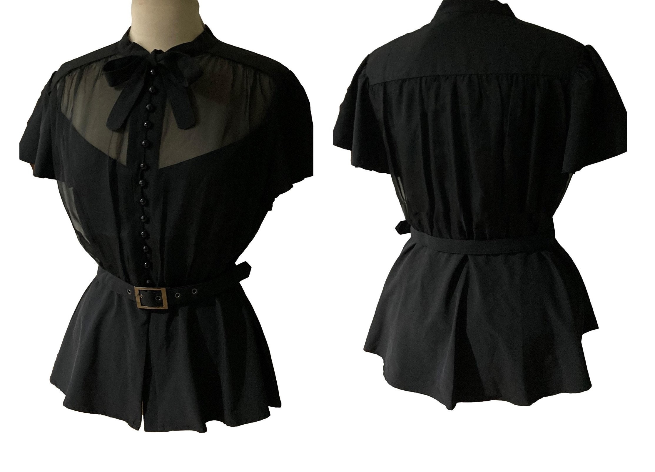 Black Blouse Pussy Bow Gothic Steampunk Victorian Governess Belted Top ...