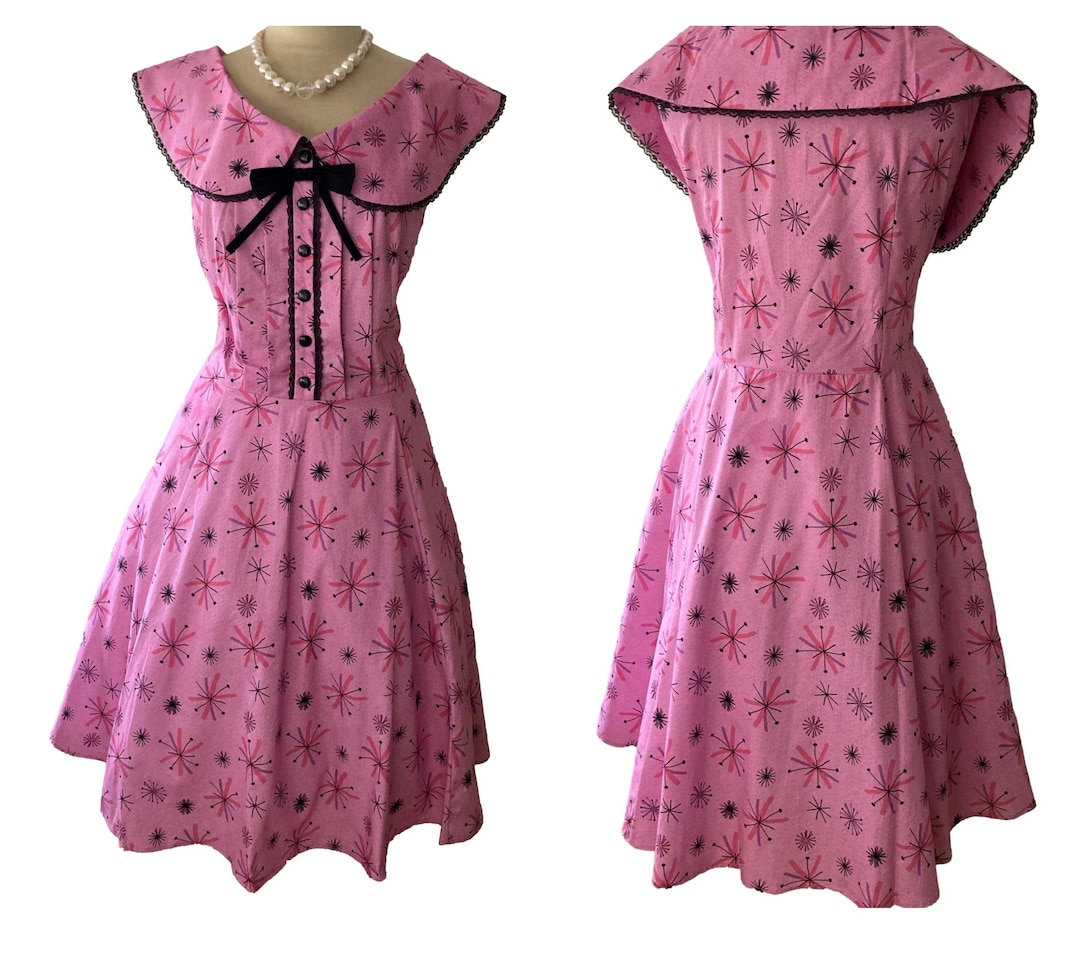 50s Vintage Inspired Dress Pink 50s Astro Print Retro Dress UK 8 10 12 ...