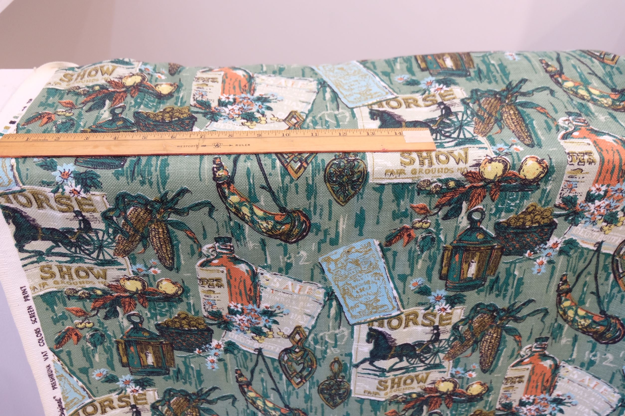 1960's Vintage Green Horse Theme Butcher Cloth Cotton / Linen ...