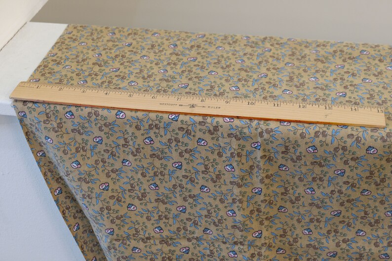1980's Vintage Beige Calico With Small Pink Flowers With Blue Leaves ...