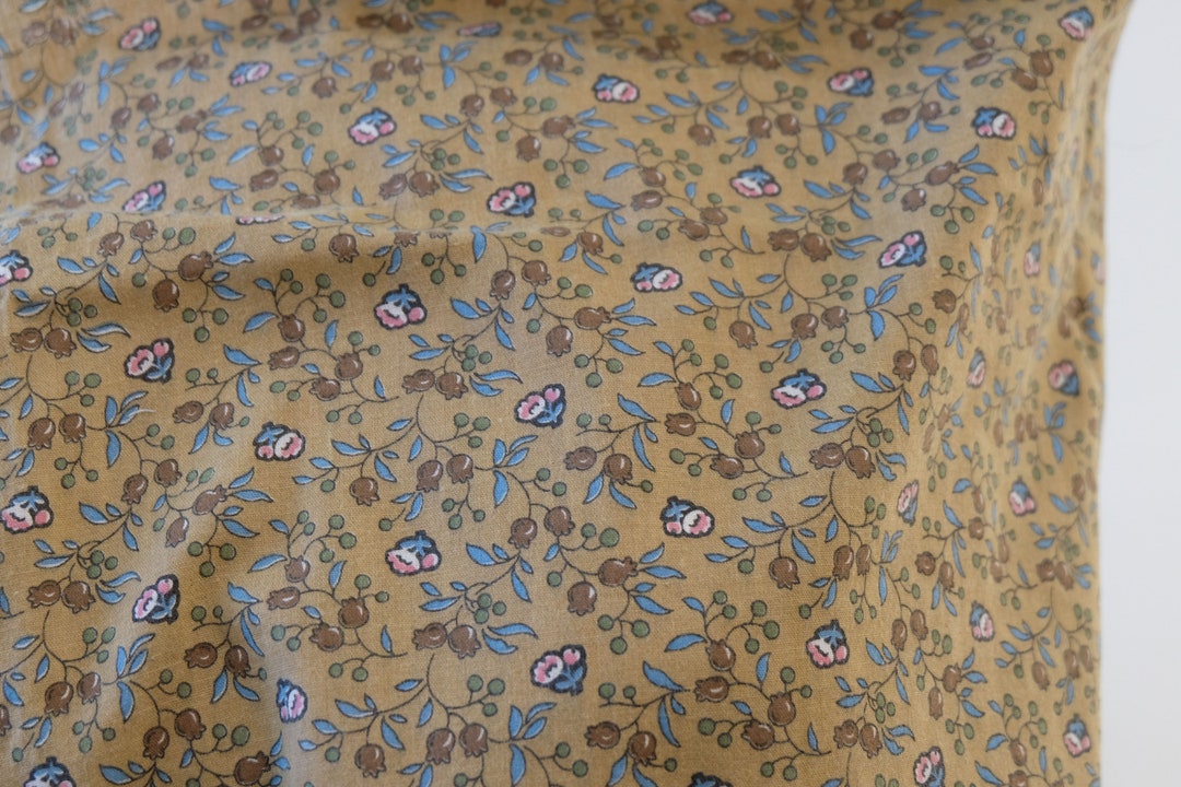 1980's Vintage Beige Calico With Small Pink Flowers With Blue Leaves ...