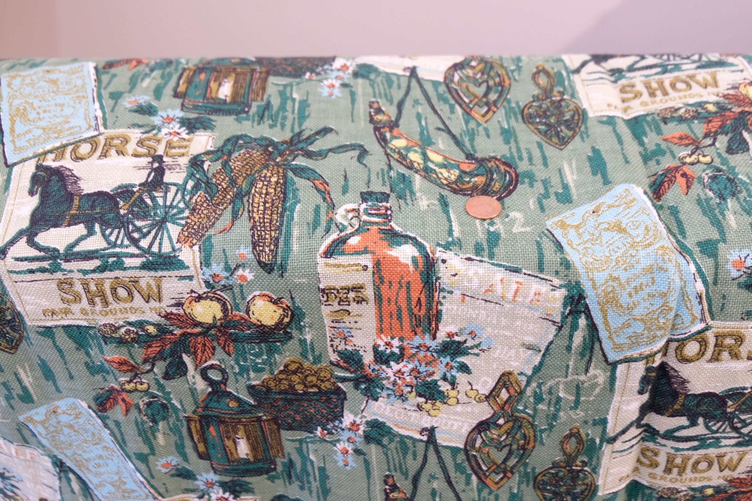 1960's Vintage Green Horse Theme Butcher Cloth Cotton / Linen ...