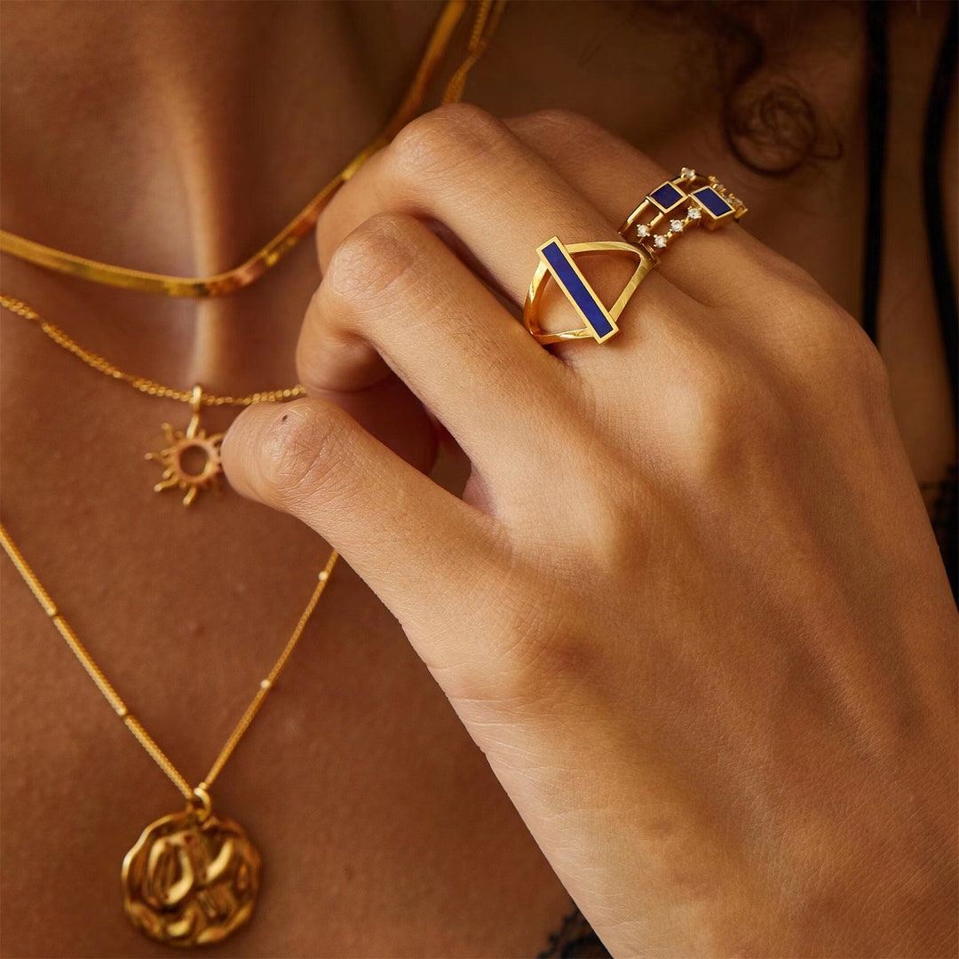 Dainty Lapis Lazuli Ring Baguette Gemstone Ring Bar Ring Geometry Stacking Gold Minimalist Ring ...