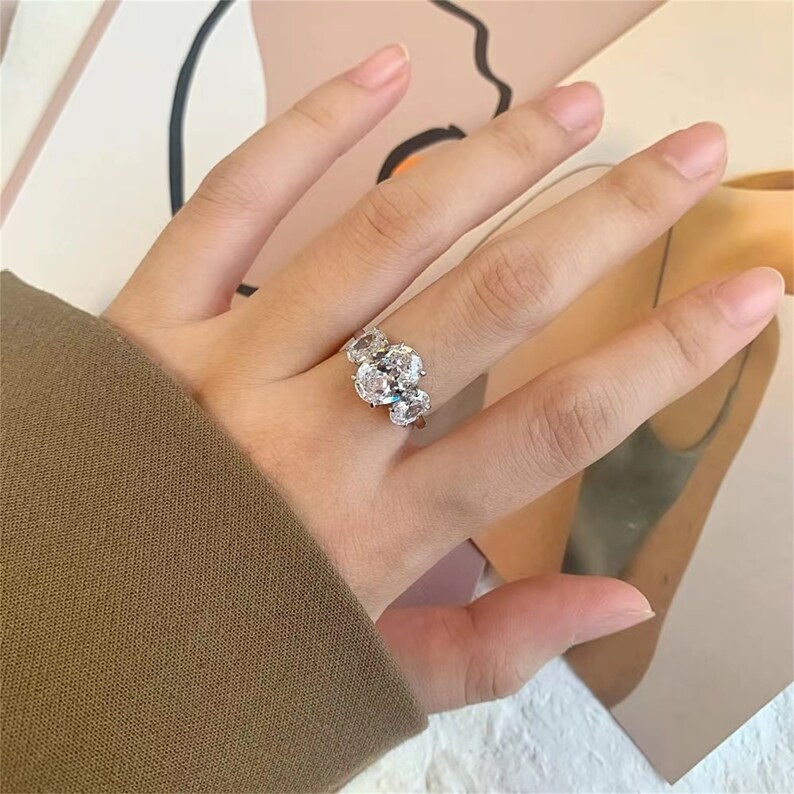 Silver 3 Stones Ring Engagement Ring Oval Cut Ring Simulant - Etsy