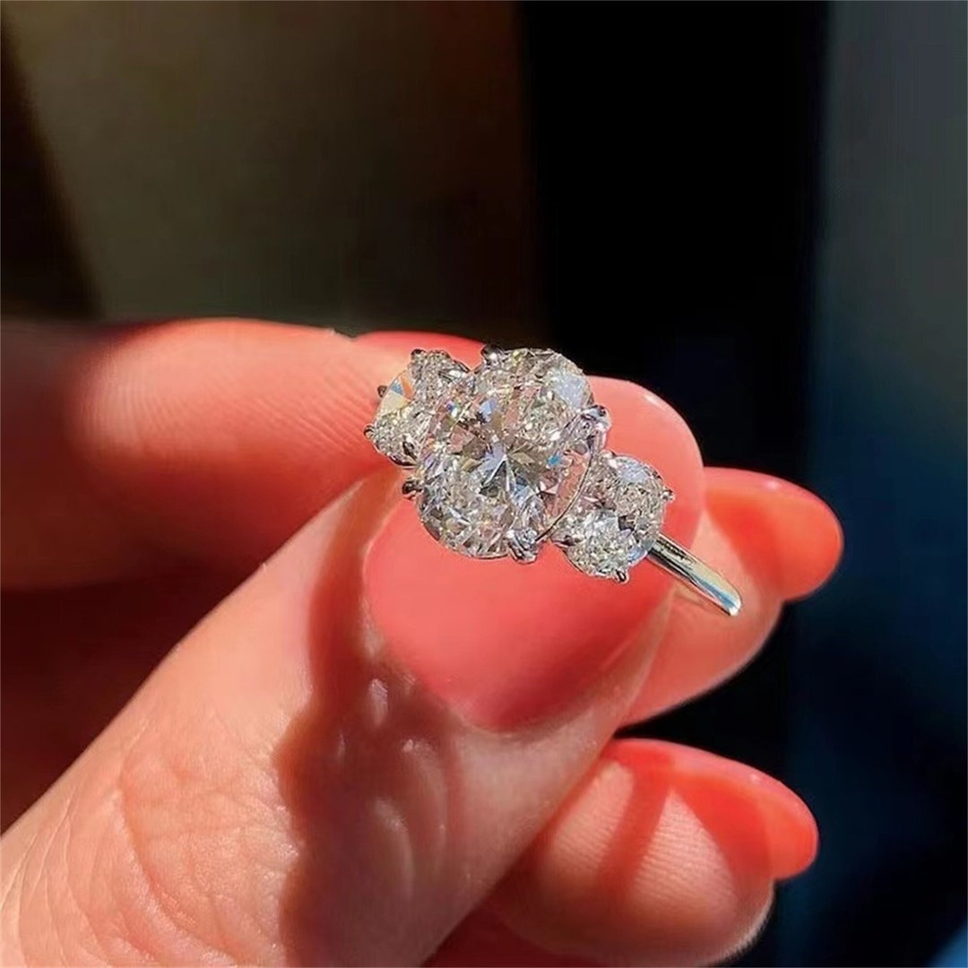 Silver 3 Stones Ring Engagement Ring Oval Cut Ring Simulant - Etsy