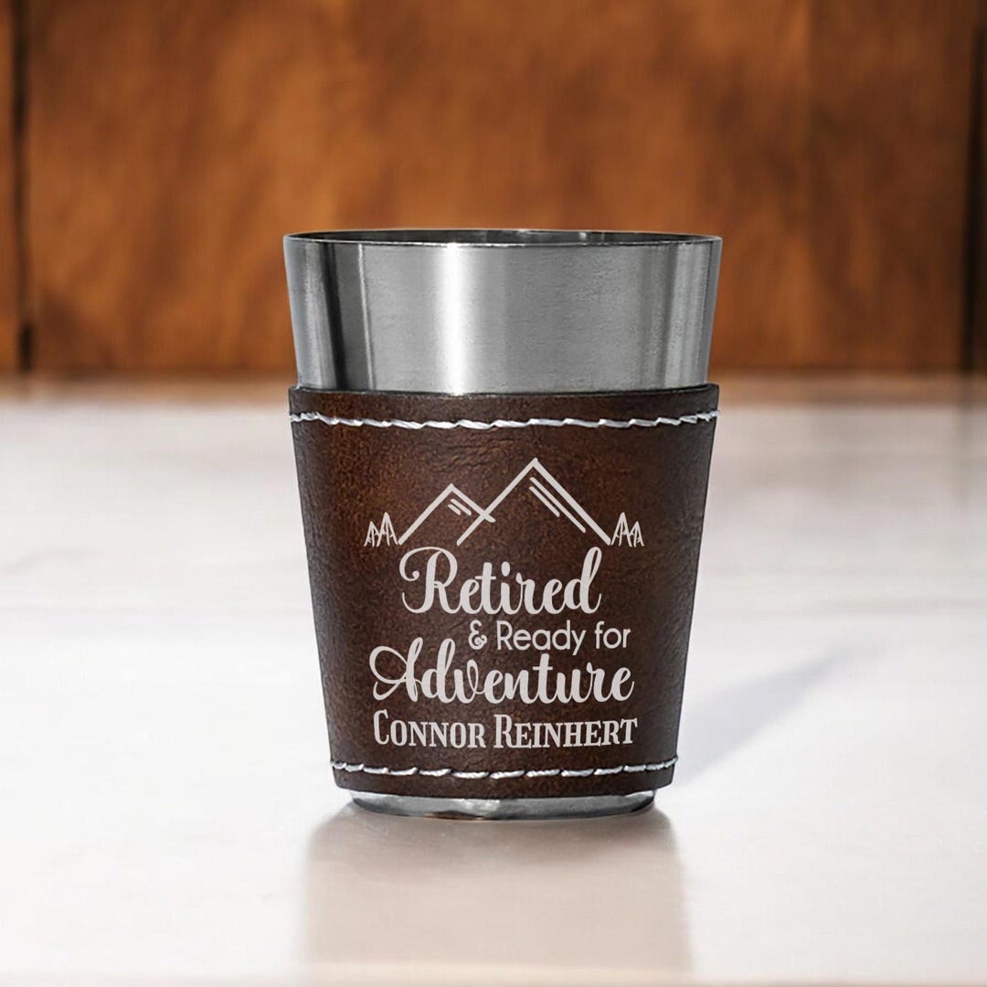 Personalized Retirement Shot Glass: Engraved Leather Wrapped Stainless ...