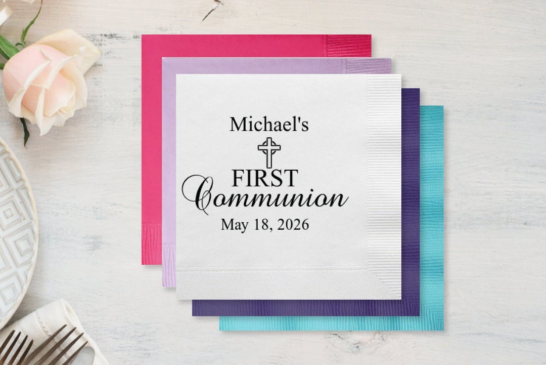 Set of 100 Cross First Communion Personalized Cocktail Napkins, First ...