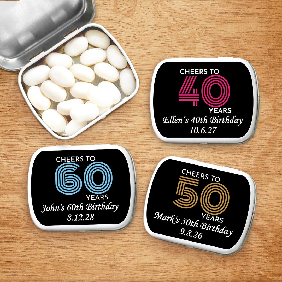 Birthday Favors, Set of 12 Cheers to Years Personalized White Mint Tin ...