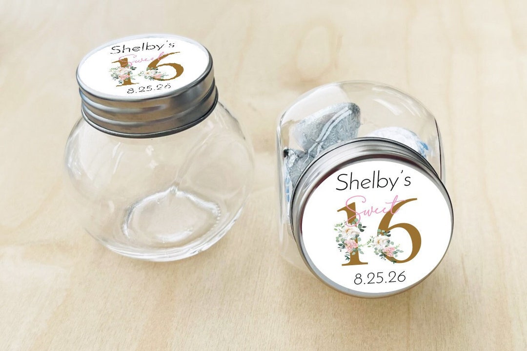 Set of 12 Sweet 16 Flowers Personalized Mini Round Candy Jar Glass ...