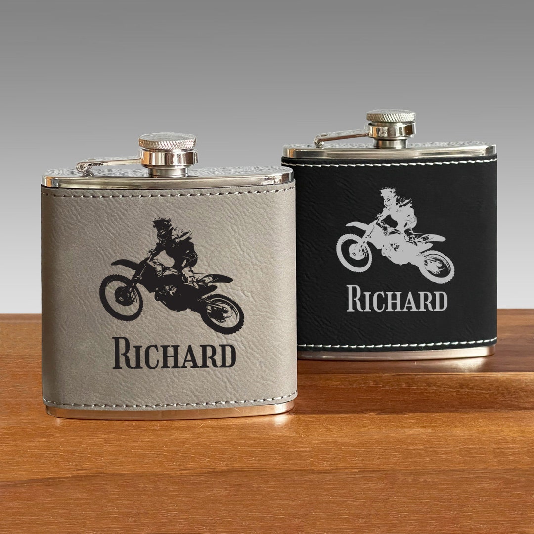 Engraved Dirt Bike Flask: Personalized Leatherette Hip Flask, 6oz - Etsy