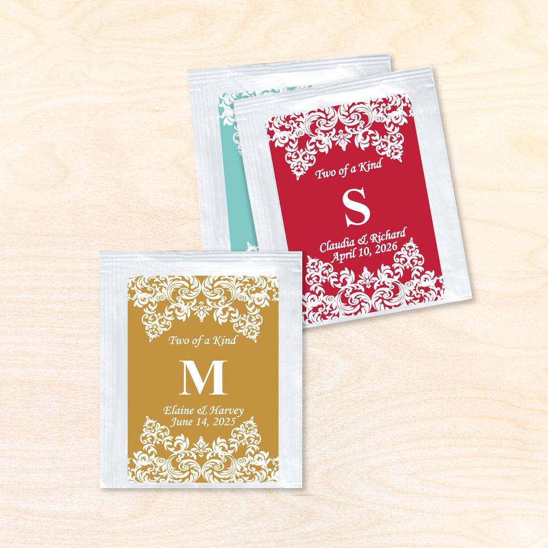 Set of 24 Damask Custom Tea Bag Favor With Stickers, Damask ...