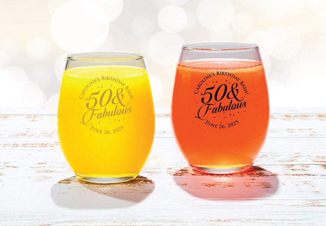 Set of 24 Birthday 50 and Fabulous Personalized Stemless 9 Ounce Wine ...