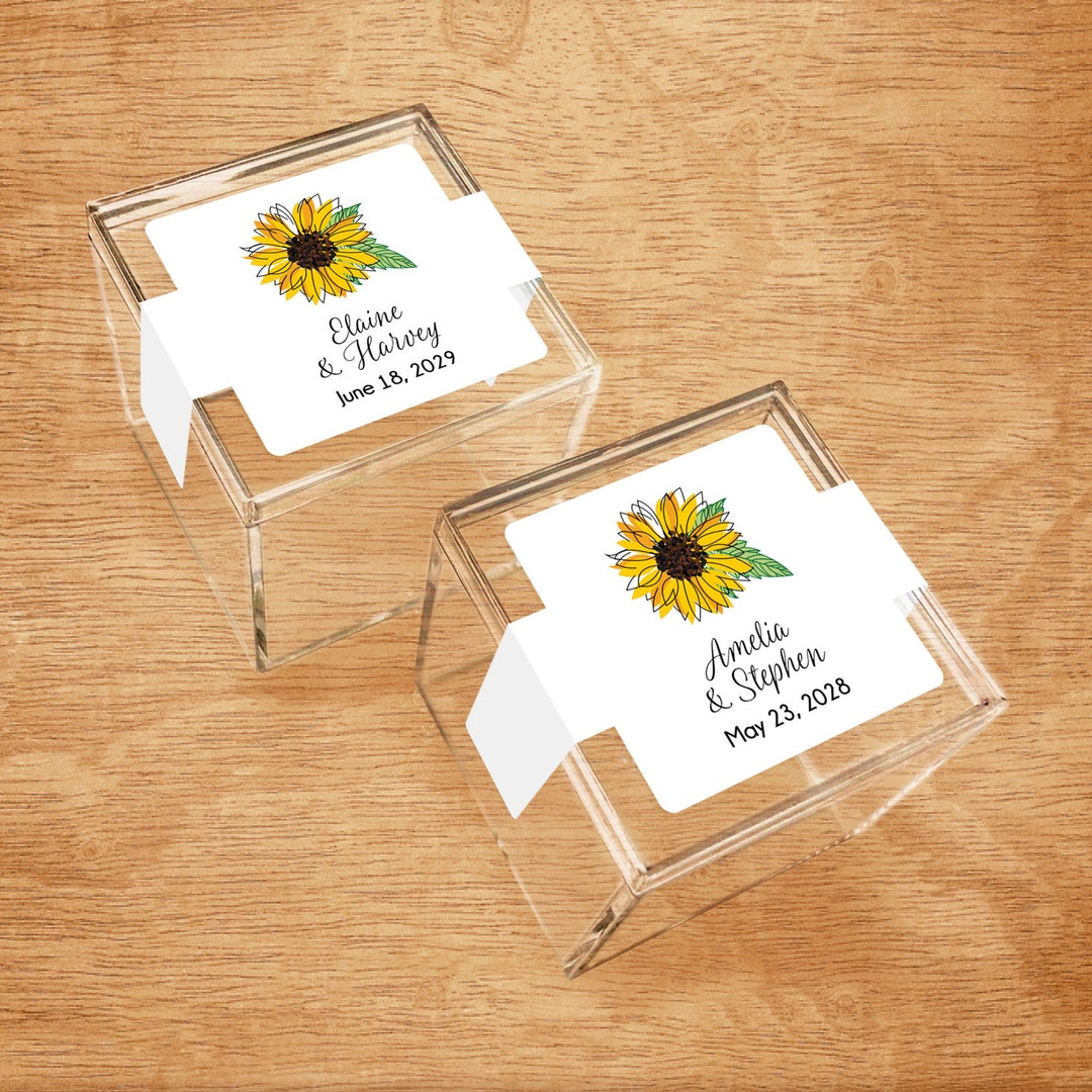 Set of 10 Sunflower Wedding Personalized Clear Acrylic Square Cubes Treat Boxes, Flower ...