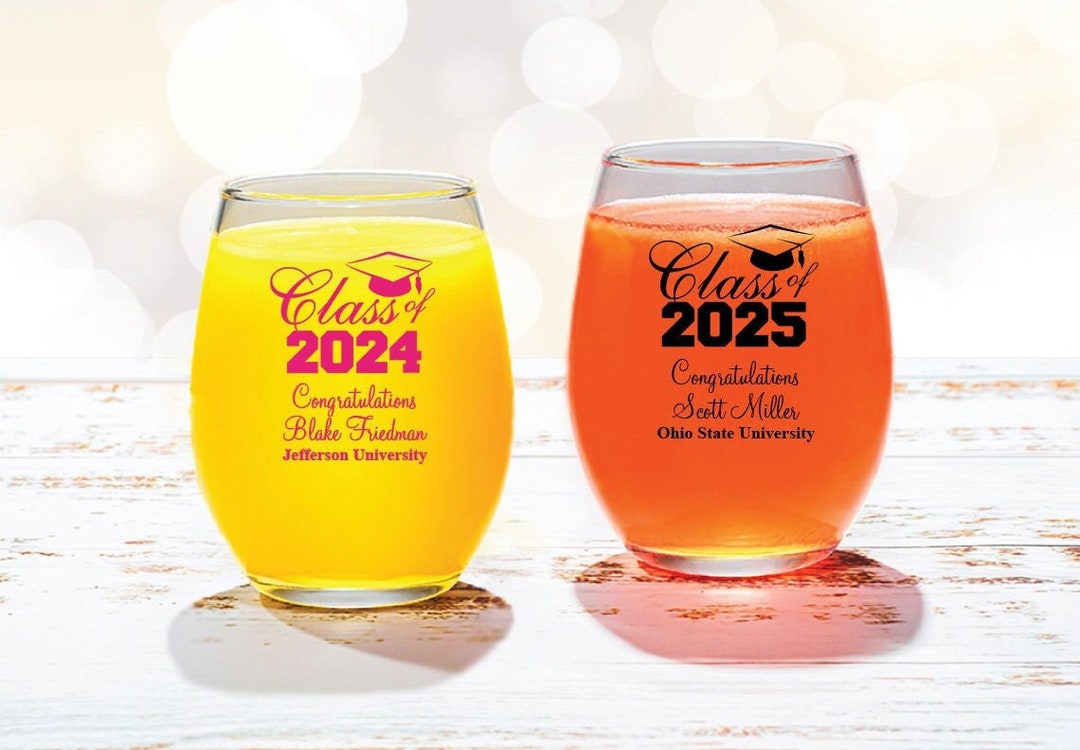 Set of 24 Class of Graduation Personalized Stemless 9 Ounce Wine Glass ...