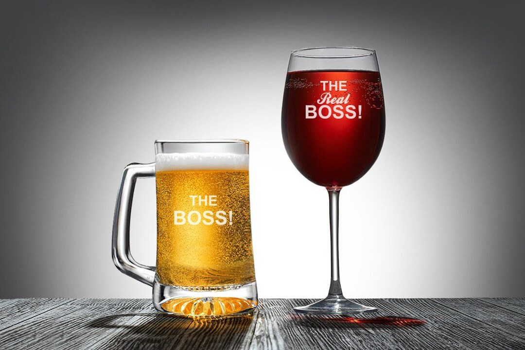 The Boss! & the Real Boss! Engraved Beer Mug Wine Glass Gift Set, the ...