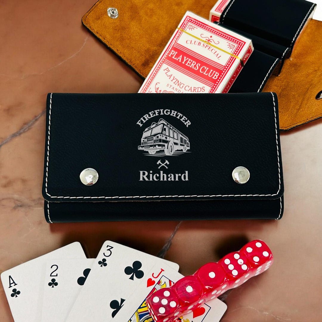 Firefighter Personalized Leather Playing Cards and Dice Set ...