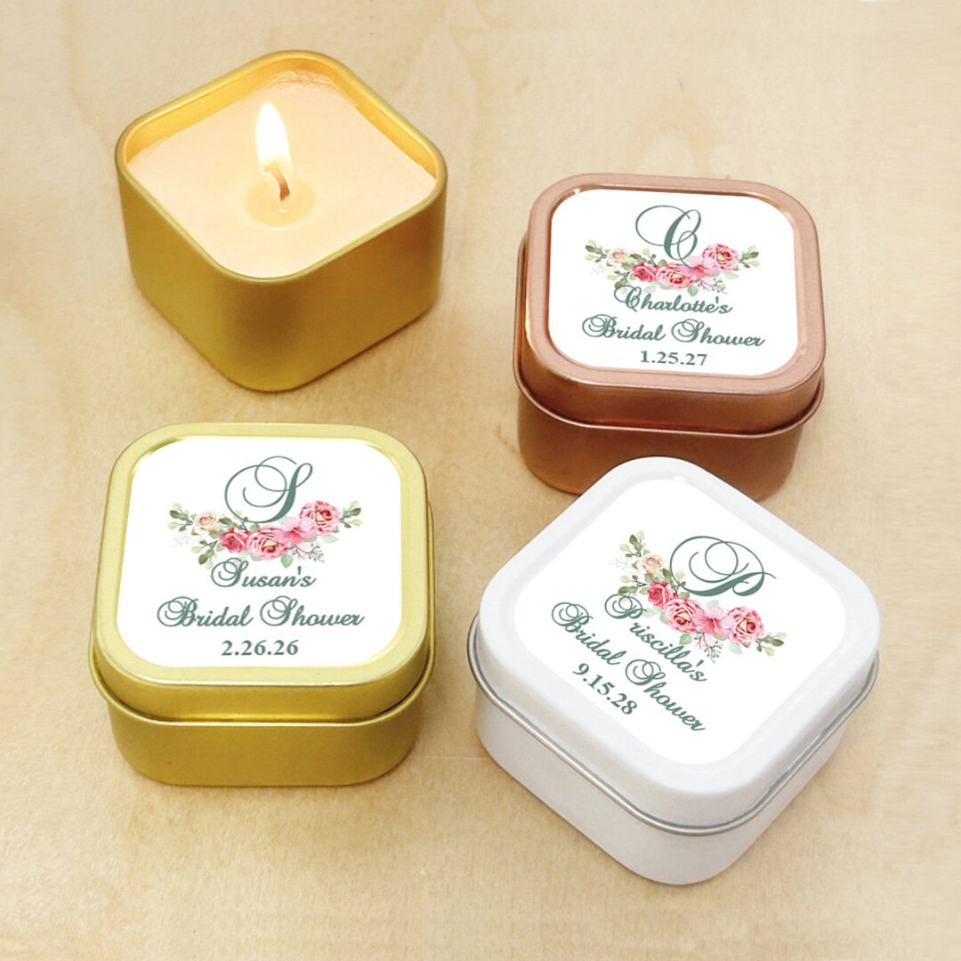 Set of 12 Initial Pink Flower Personalized Wax Filled Mini Candle Tins ...