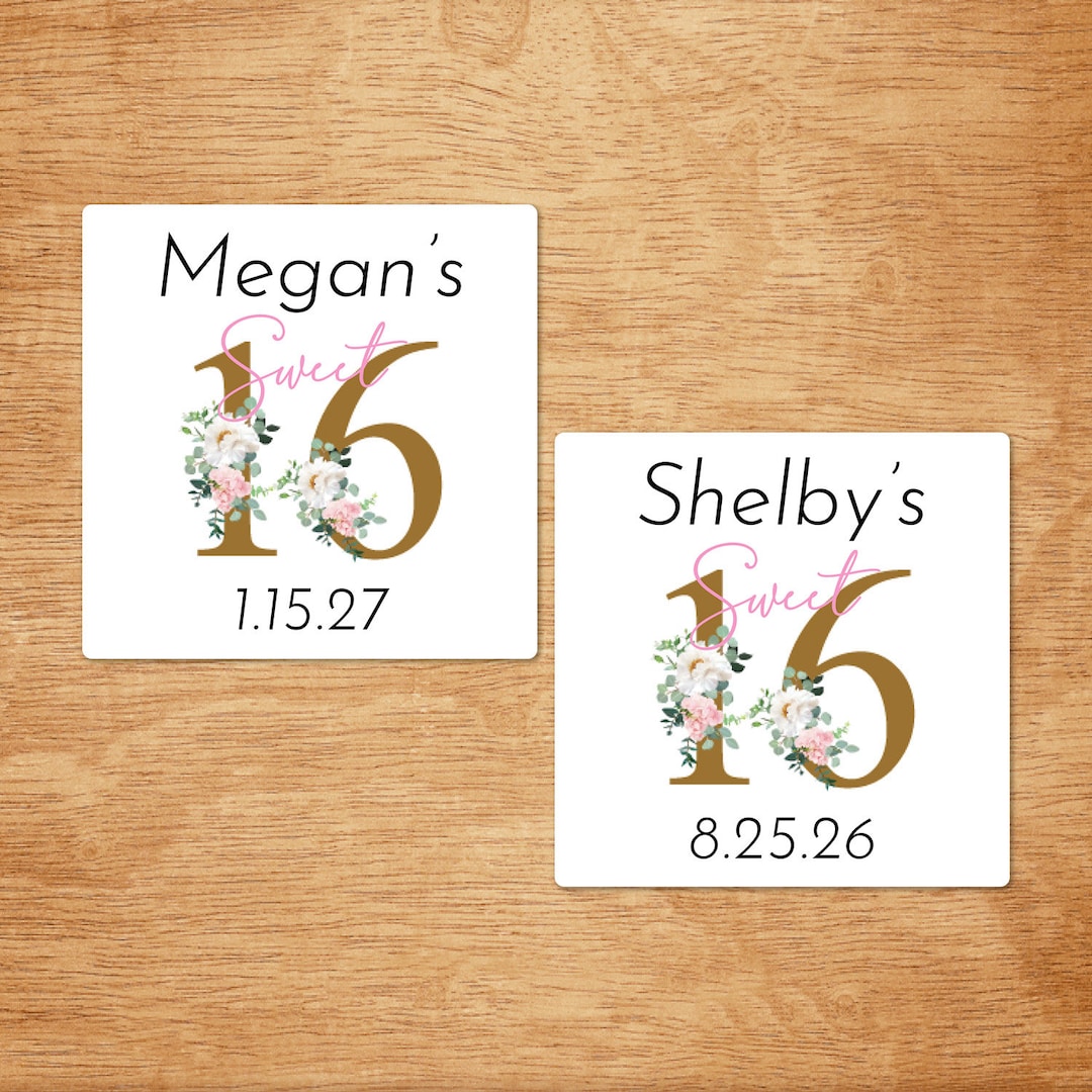 Set of 24 Personalized Sweet 16 Flowers Square Labels, Sweet Sixteen ...
