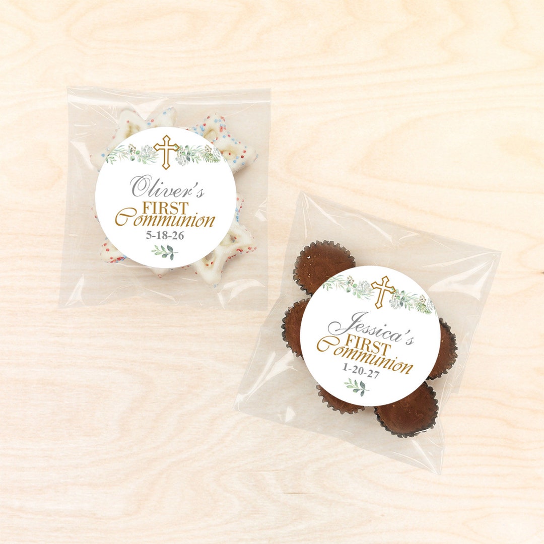 Set of 12 Personalized First Communion Flowers Clear Bag With Labels ...