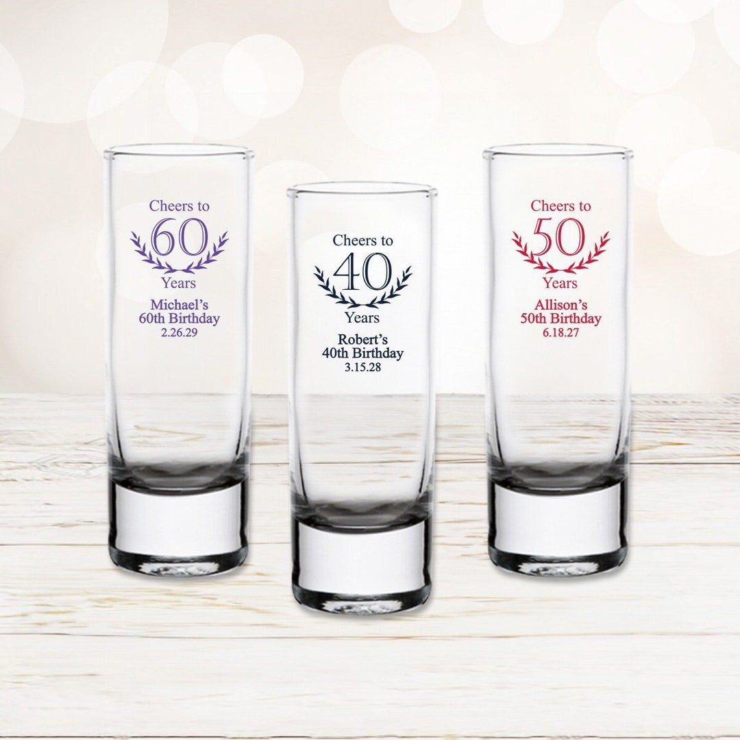 Set of 24 Cheers to Years Personalized Tall Shooter Shot Glass Favors ...