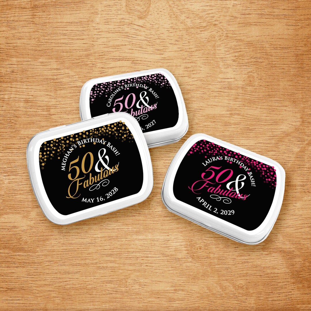 Set of 12 Birthday 50 and Fabulous Personalized White Mint Tin Favor ...