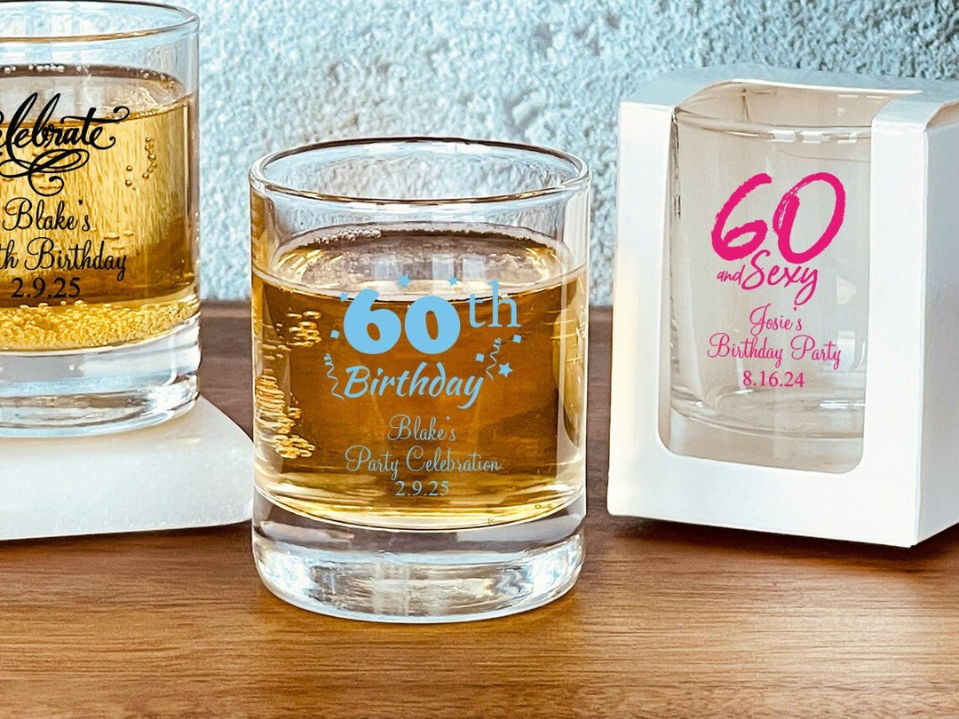 Set of 24 Sixtieth Birthday Personalized Votive Holder or Shot Glass Birthday Favor DM15 60th ...