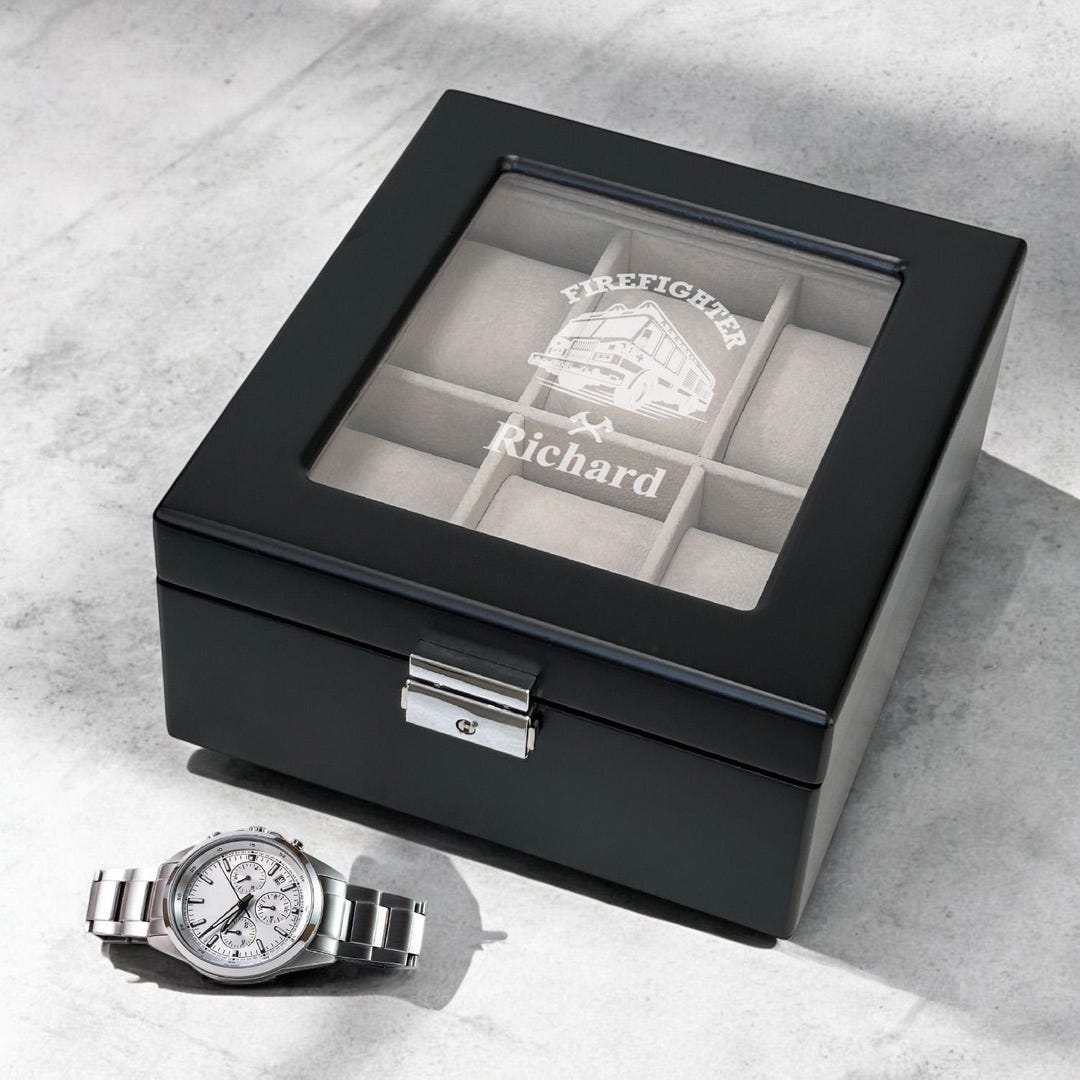Firefighter Personalized Wood 6 Slot Watch Box, Firefighter Gifts DM123 ...