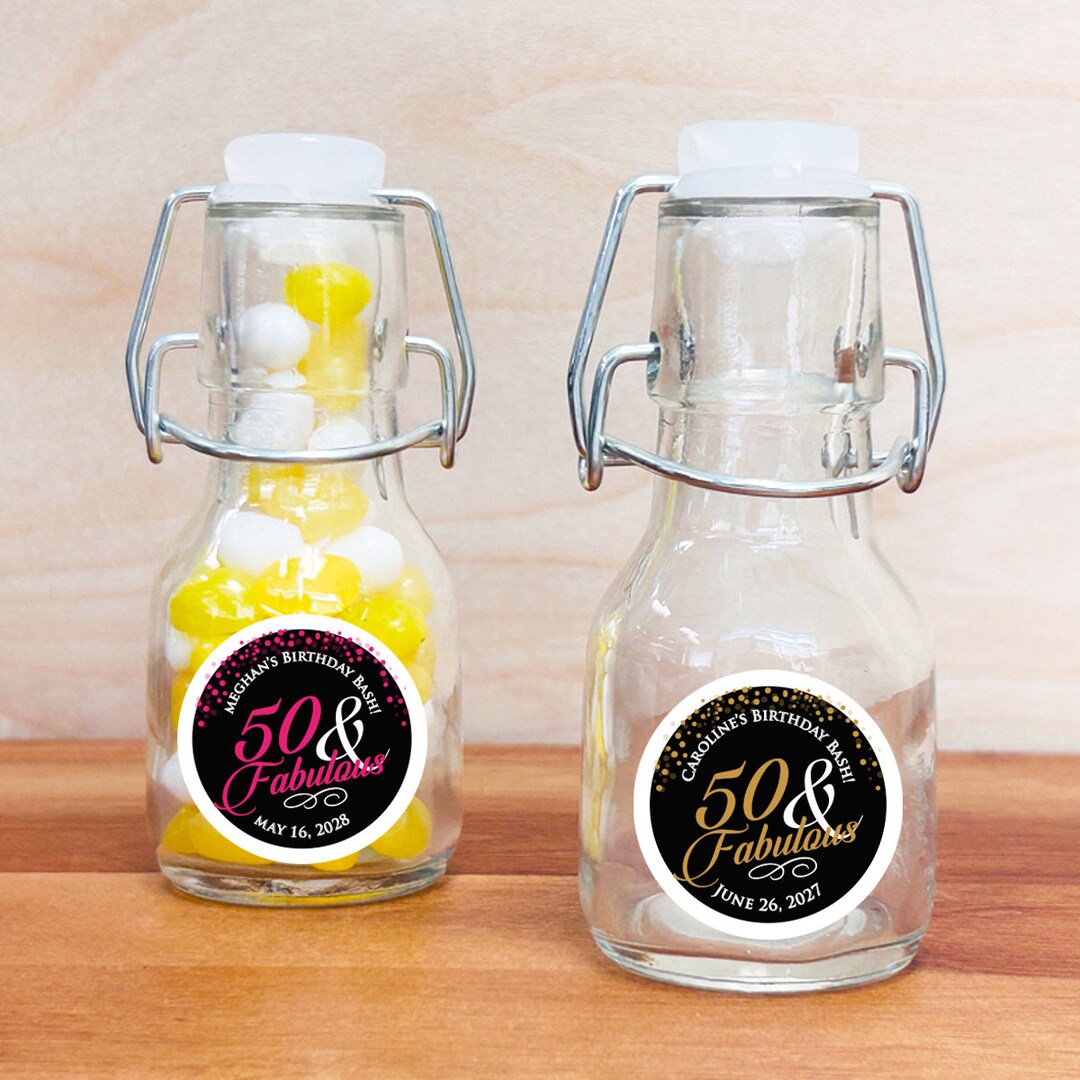 Set of 12 Birthday 50 and Fabulous Personalized Mini Glass Swing Top ...