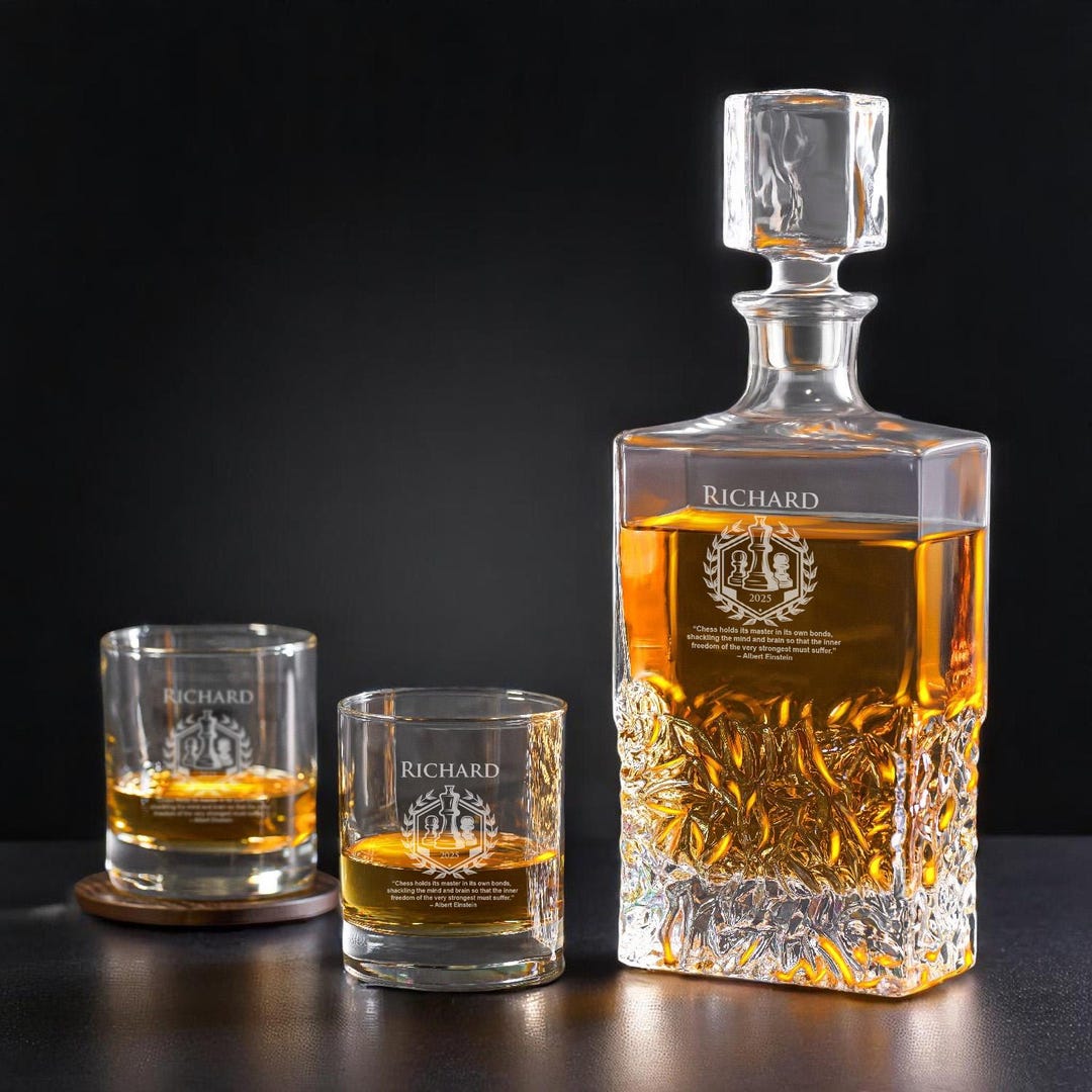 Chess Personalized Marquis Icy Whiskey Decanter or Whiskey Rock Glass ...