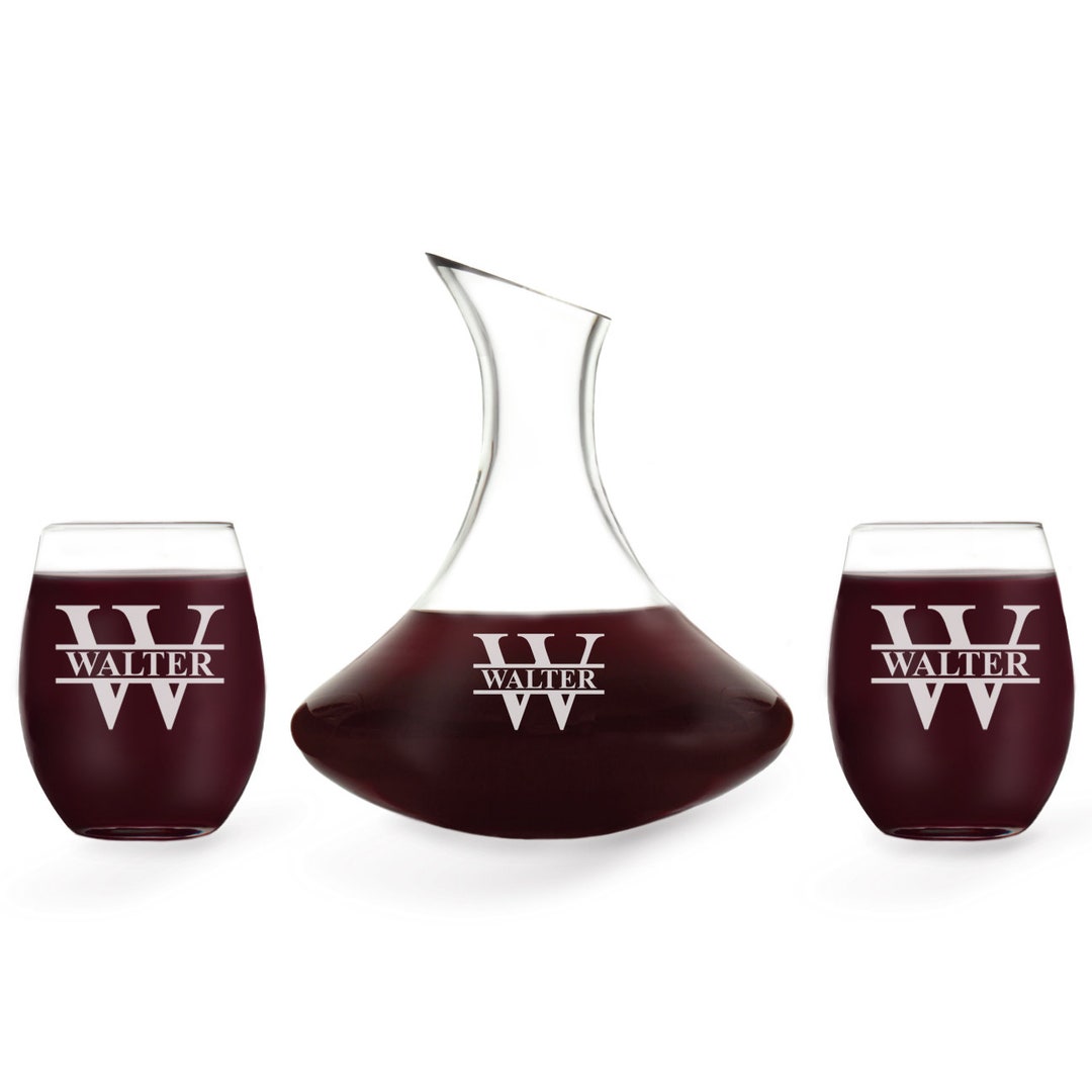 Monogram Personalized Wine Decanter, Stemless 15oz Wine Glass Engraved ...