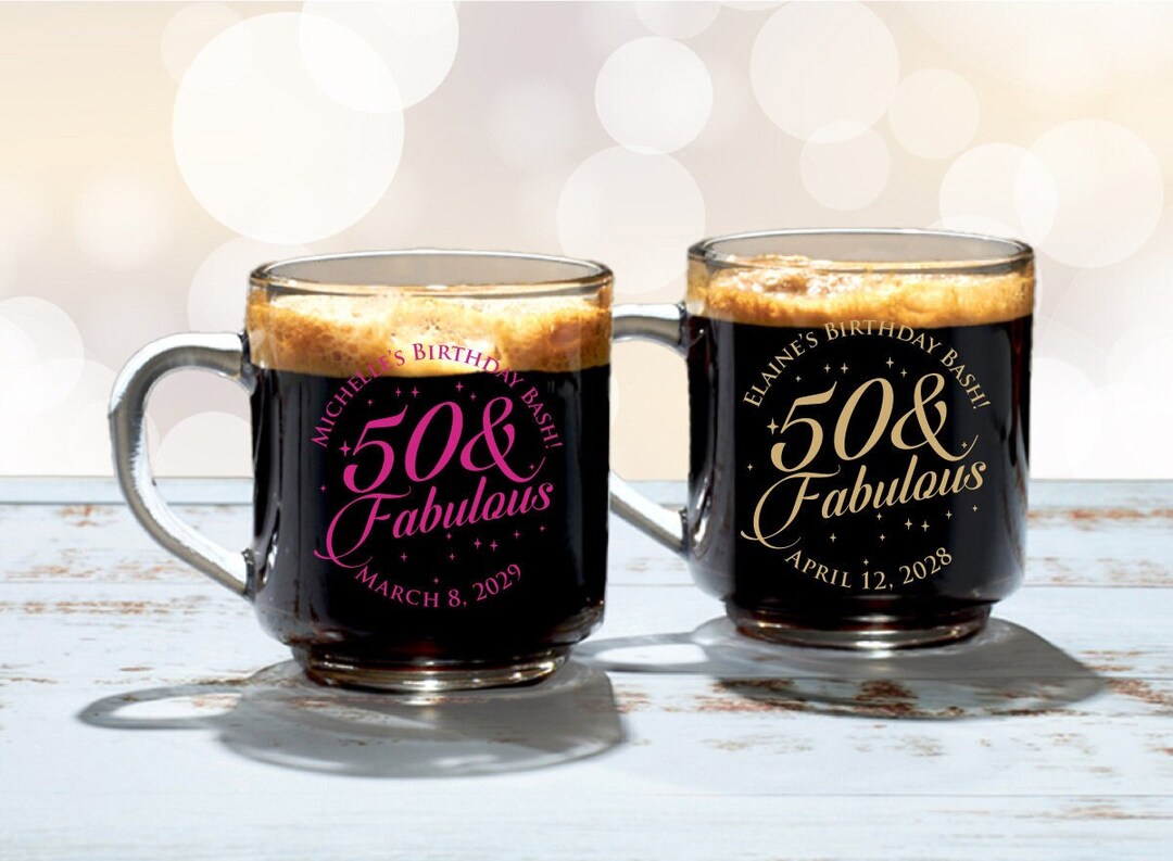 Set of 18 Custom 50 & Fabulous Clear Coffee Mug Glass Favors, 50th ...