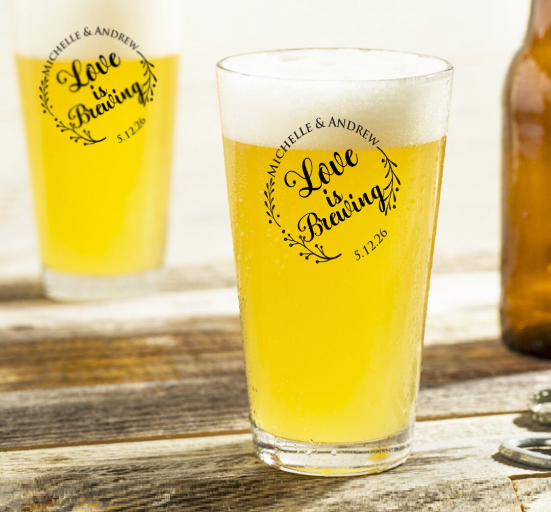 Set of 24 Wedding Bulk Favors, Love is Brewing Personalized Pint Glass ...