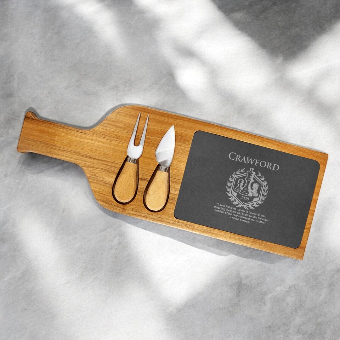 Chess Personalized Acacia Wood Slate Paddle Cheese Board and Knives Set ...