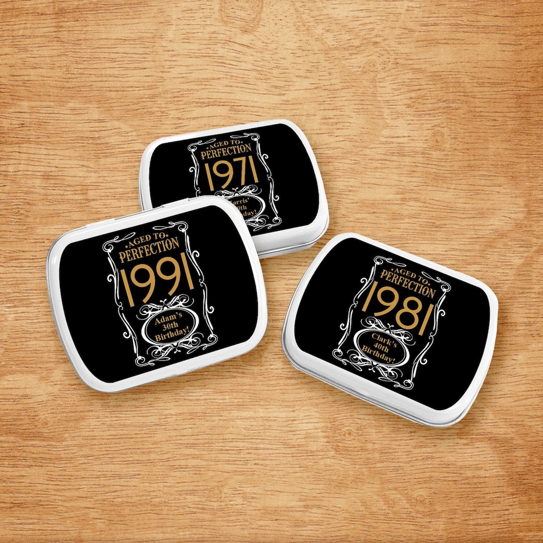 Set of 12 Birthday Aged to Perfection Personalized White Mint Tin Favor ...