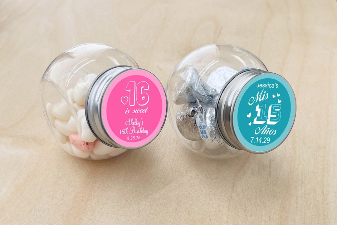 Set of 12 Sweet 16 +quince Personalized Mini Round Candy Jar Glass ...